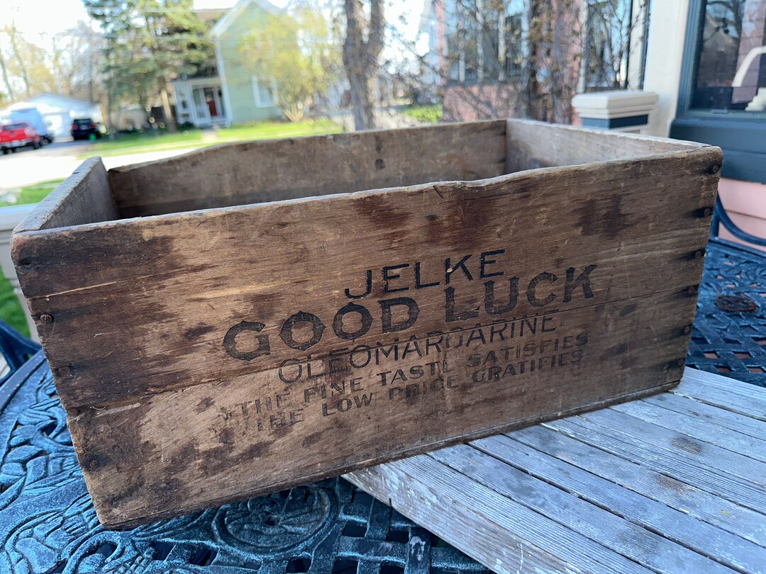 Vintage Wood Box, Wood Crate, Good Luck Crate, Jelke, Margarine Box ...