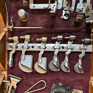 Antique Singer Puzzle Box Assorted Attachments and Bobbin Accessory Kit ...