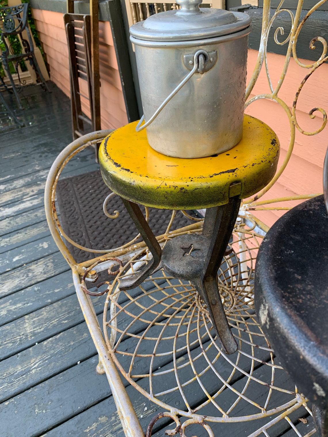 Antique Farm Milking Stool w Star paint on seat metal farm | Etsy