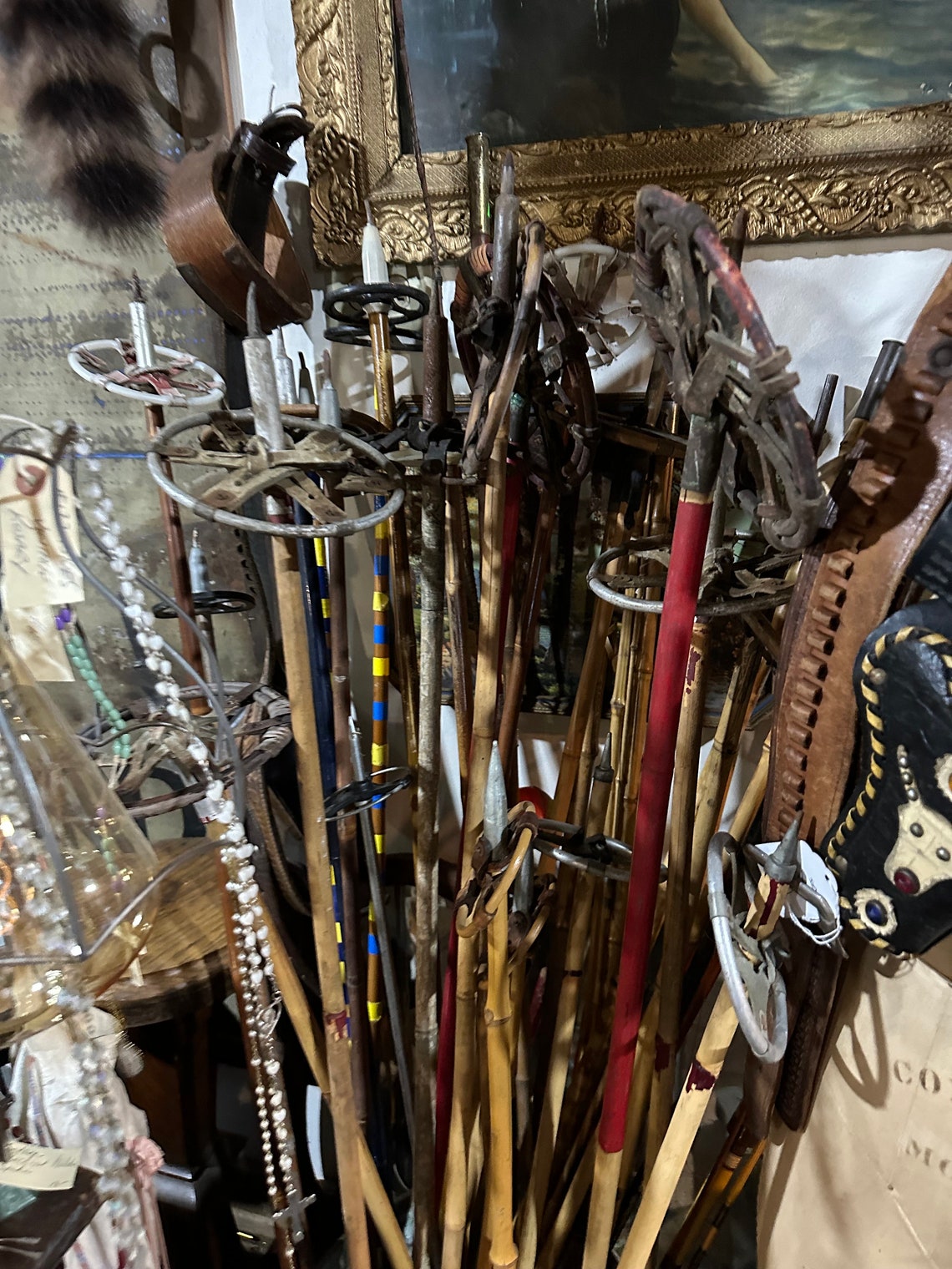 Antique Ski Poles, Approx 1940's Very Cool Bamboo and Leather Ends ...