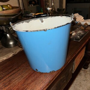 Antique Blue Porcelain Enamel Milk Pail Bucket Farm Primitive Wood ...