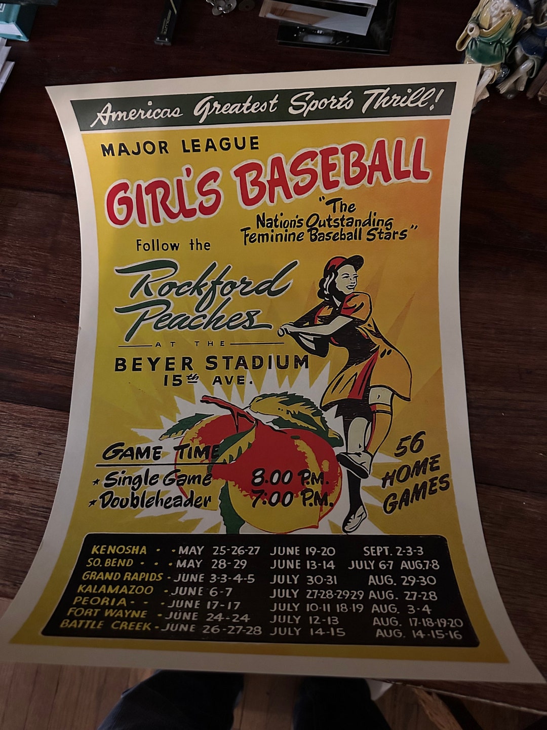 Rockford Peaches Girls Baseball Schedule Poster 1951 Bayer Stadium ...