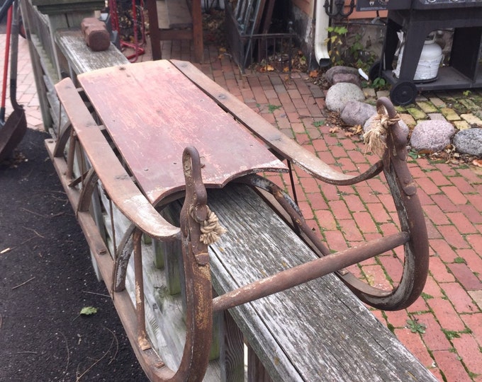 Antique Primitive Wood Sled With Cast Iron Swan Finials, Wrought Iron ...