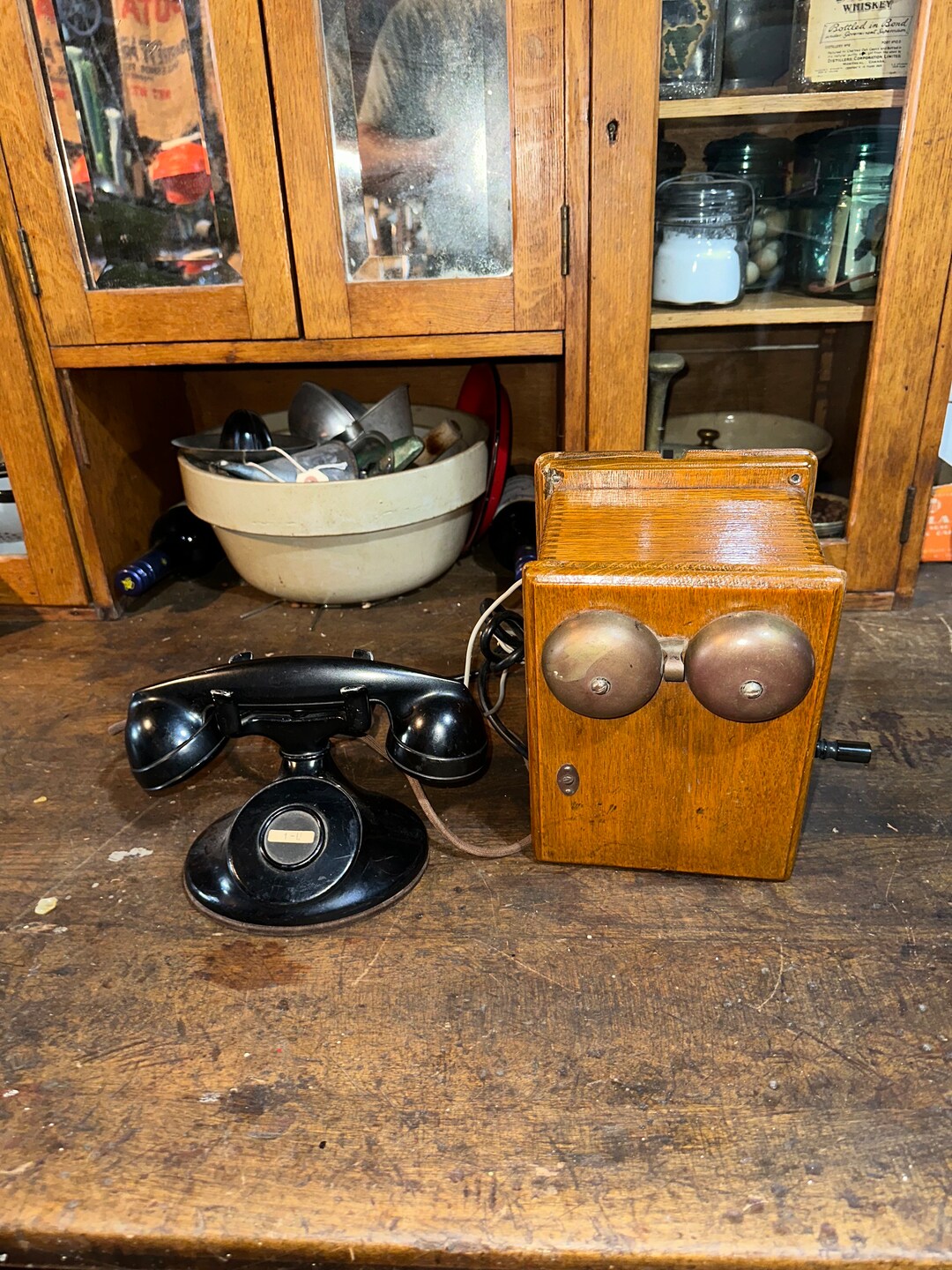 Antique Bakelite Desk Phone and Oak Ringer Box - Etsy