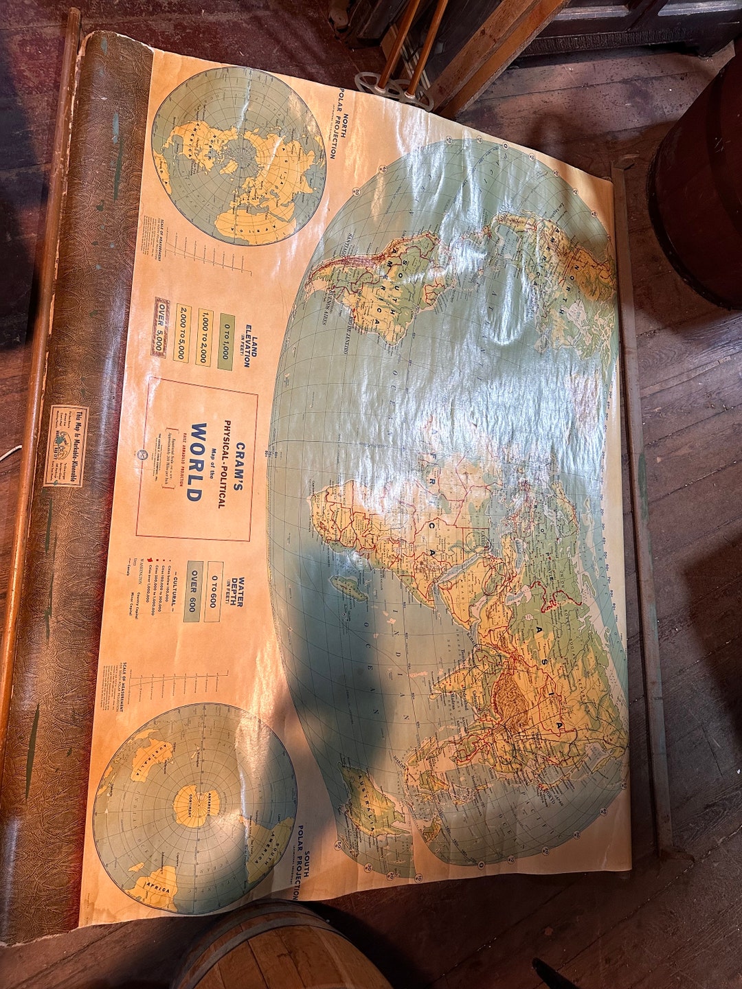 Vintage Xlarge 1950s Gram’s Map of World Wall Map, Physical-political ...