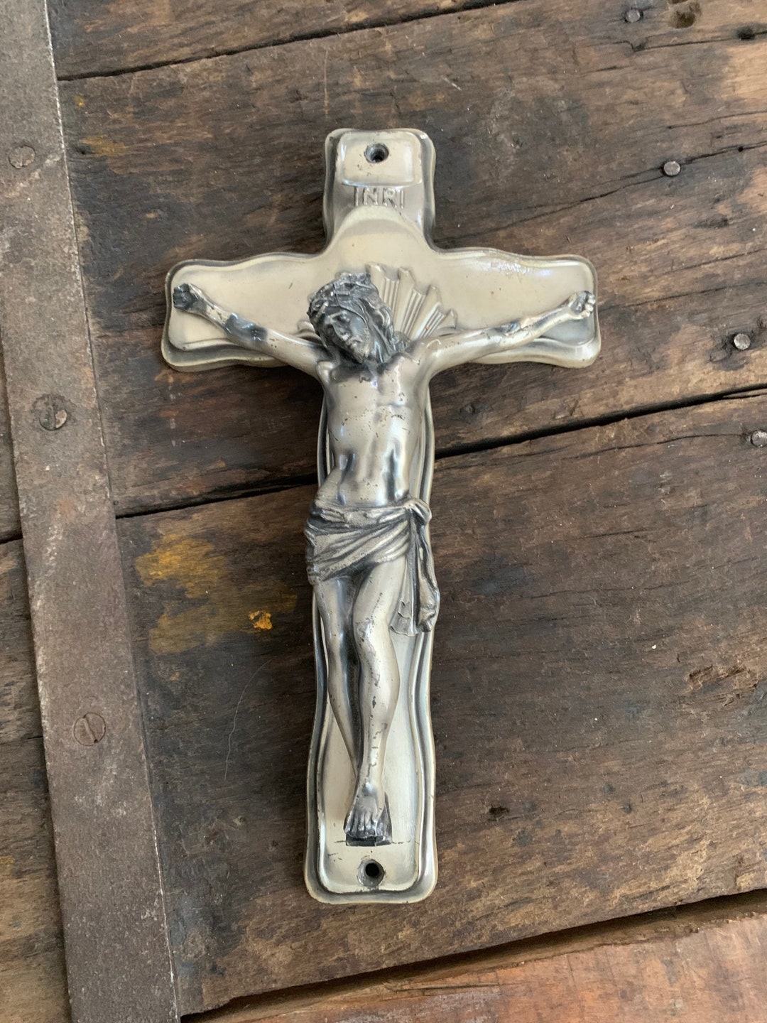 Antique Cast Metal Silver Jesus on Cross, Approximately 12 1/2” Tall ...
