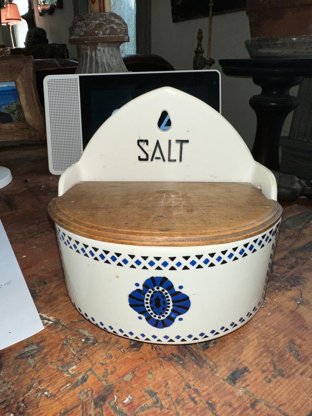 1940's Ceramic Salt Box/container, With Wood Lid, Table Top, Counter ...