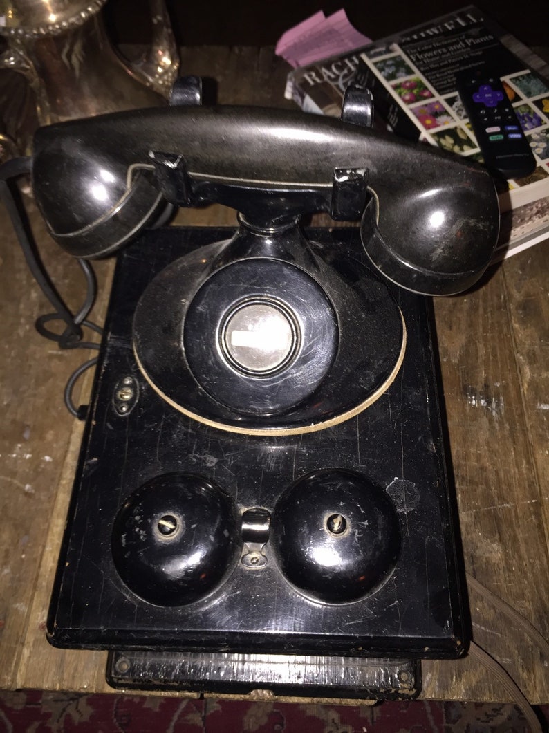 Antique Bakelite Desk Phone and Oak Ringer Box Which Was Painted Black ...