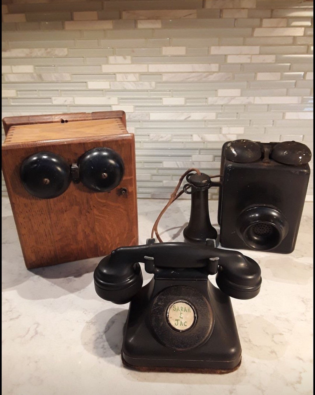 Antique Bakelite Desk Phone and Oak Ringer Box & Black Metal Wall Phone ...