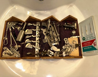 RARE Antique Singer Treadle Sewing Puzzle Oak Box Assorted Attachments ...