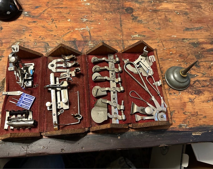 Antique Singer Puzzle Box Assorted Attachments and Bobbin Accessory Kit ...