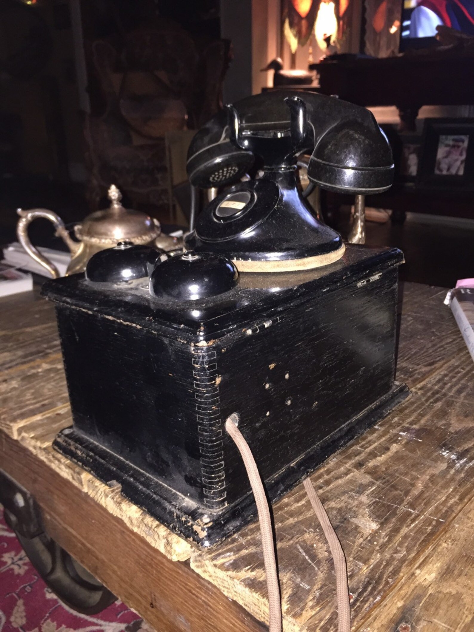 Antique Bakelite Desk Phone and Oak Ringer Box Which Was Painted Black ...