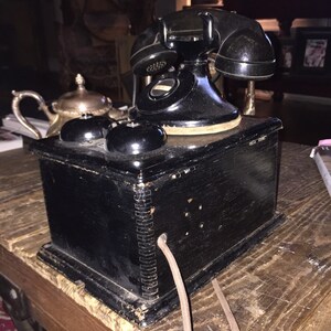 Antique Bakelite Desk Phone and Oak Ringer Box Which Was Painted Black ...