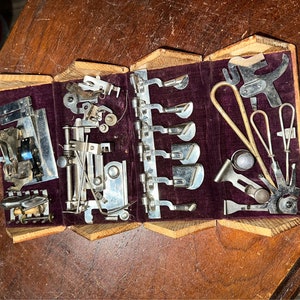 Antique Singer Puzzle Box Assorted Attachments and Bobbin Accessory Kit ...
