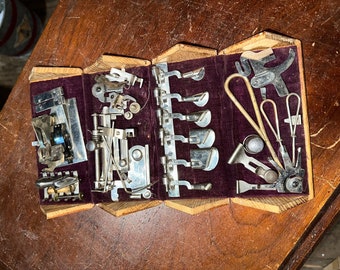 RARE Antique Singer Treadle Sewing Puzzle Oak Box Assorted Attachments ...