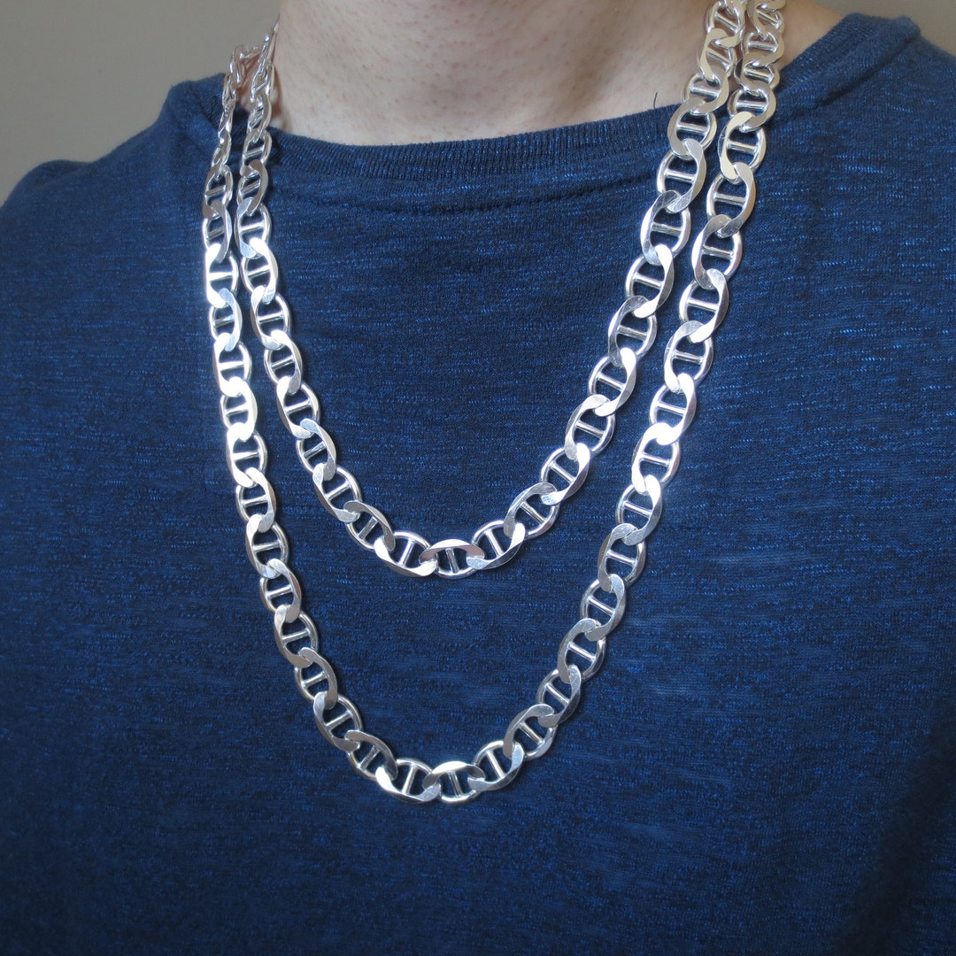 925 Sterling Silver Men's Anchor Chain, 24" or 30". Pave Finish on One ...