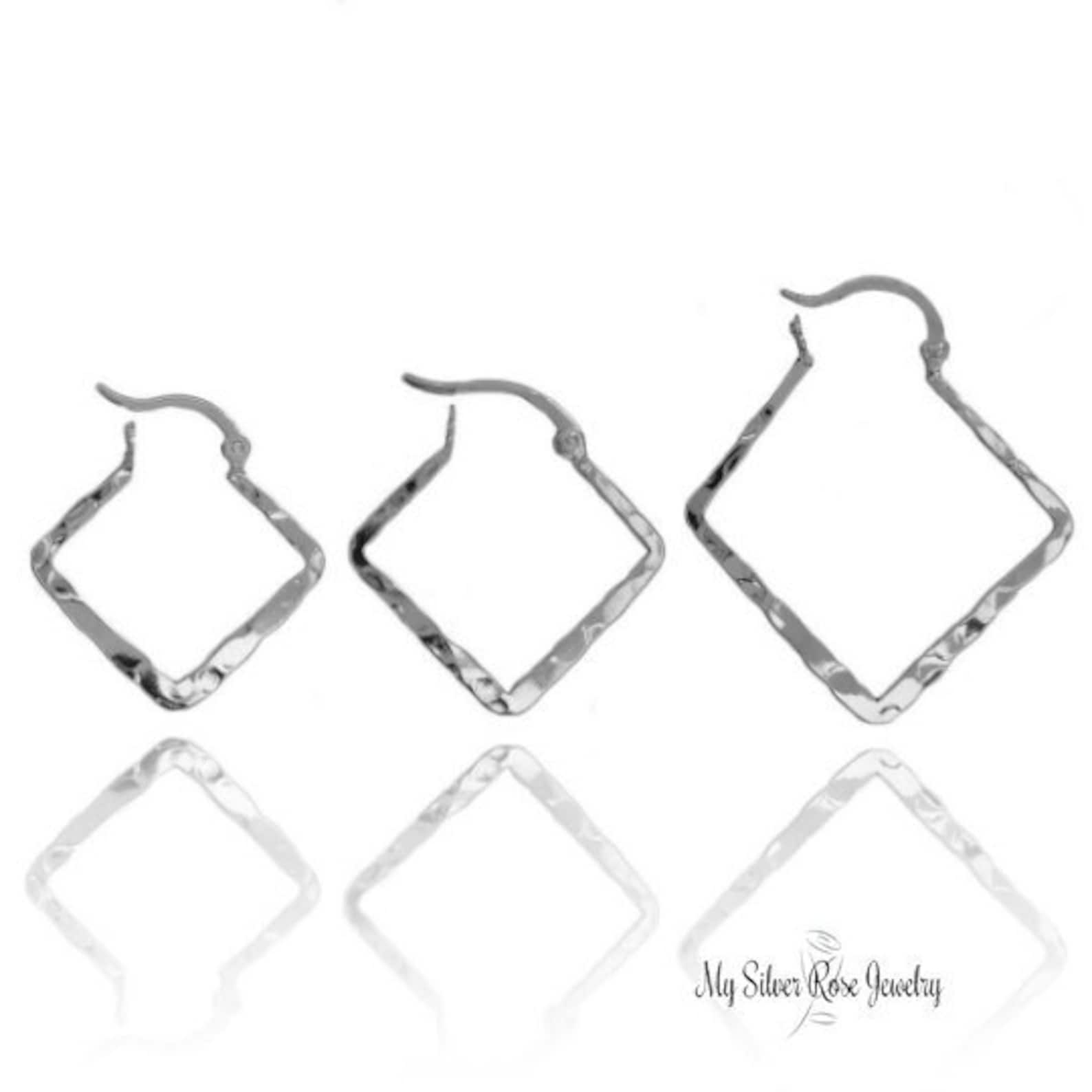 925 Sterling Silver Hinged Closure Diamond Shape Hammered Hoops. Anti ...