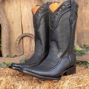 MENS Black BULL NECK Leather Snip Toe Cowboy Western Rodeo Boots Cuello ...