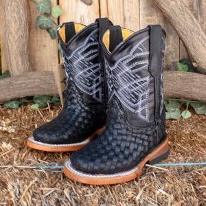 TODDLER KIDS Youth Unisex Square Toe Brown Leather HANDTOOLED Cowboy ...