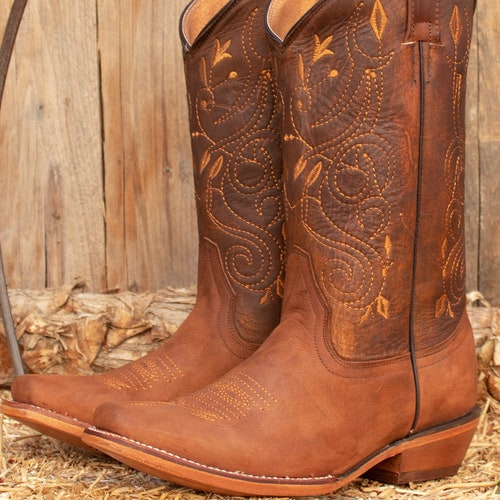 WOMENS COWGIRL Cowboy Rustic 2-tone Brown Square Toe Leather - Etsy