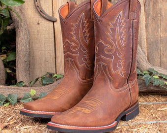 MEN WESTERN Square Toe Rodeo Cowboy Boots Genuine Leather Botas ...