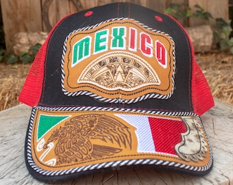 MEXICO EAGLE Embroidered Aztec Sun Leather Stamped Red HAT Adjustable ...
