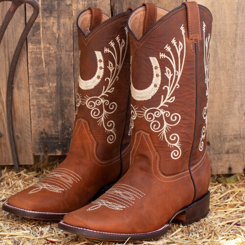 WOMENS COWGIRL Cowboy Rustic 2-tone Brown Square Toe Leather - Etsy