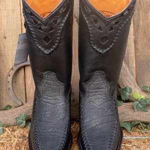 MENS Black BULL NECK Leather Snip Toe Cowboy Western Rodeo Boots Cuello ...