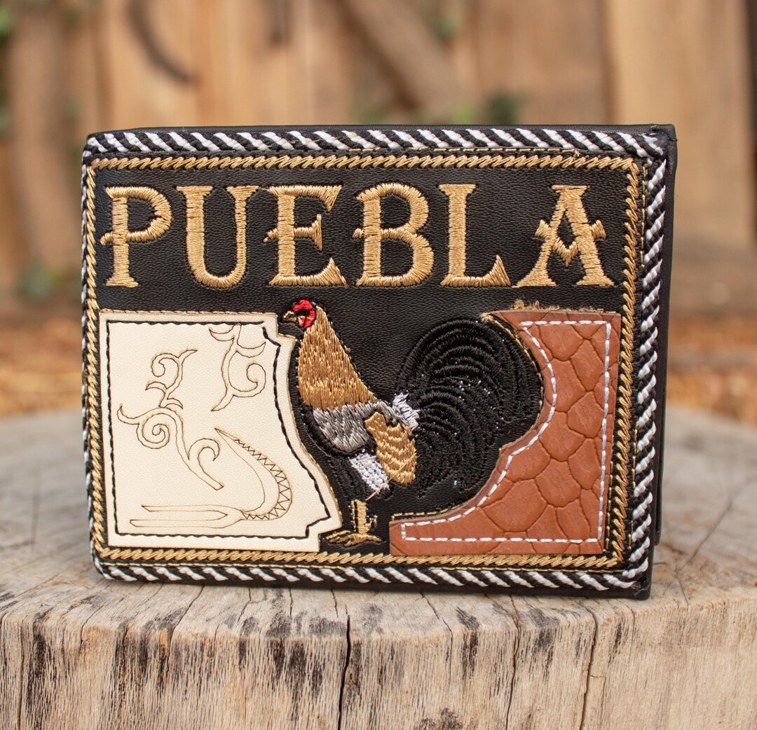 PUEBLA Mexico ROOSTER Gallo Western EMBROIDERED Leather Bi Fold Wallet ...