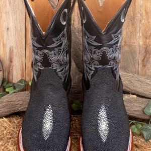 MENS Black Faux MANTARAY Leather Square Toe Cowboy Western Rodeo Boots ...