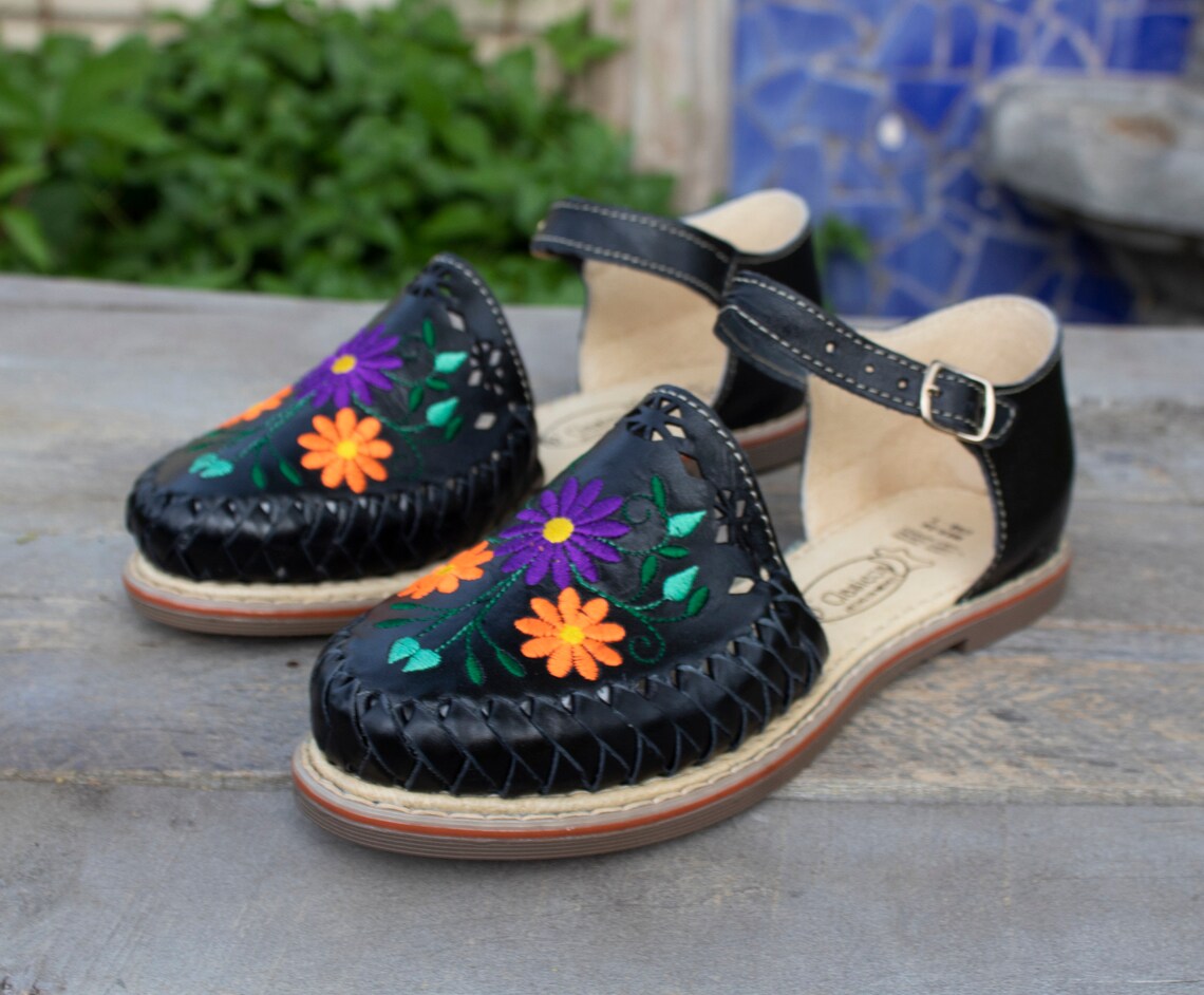 WOMENS MEXICAN SANDALS Leather Flower Embroidered Shoe Huarache - Etsy