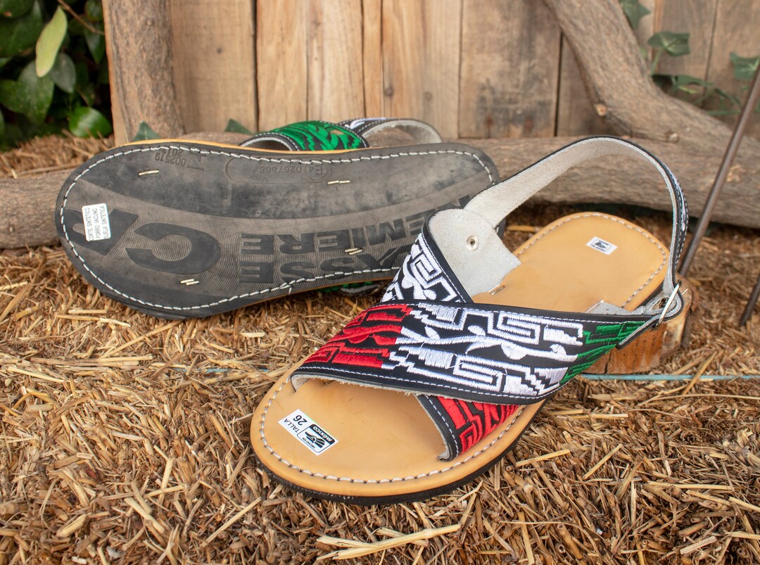 MENS EMBROIDERED Mexico Tri Color HUARACHE Sandals With Real Tire Sole ...