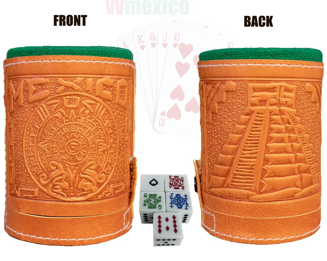 Traditional Mexican POKER DICE CUP Game Leather Engraved Mexico Aztec ...