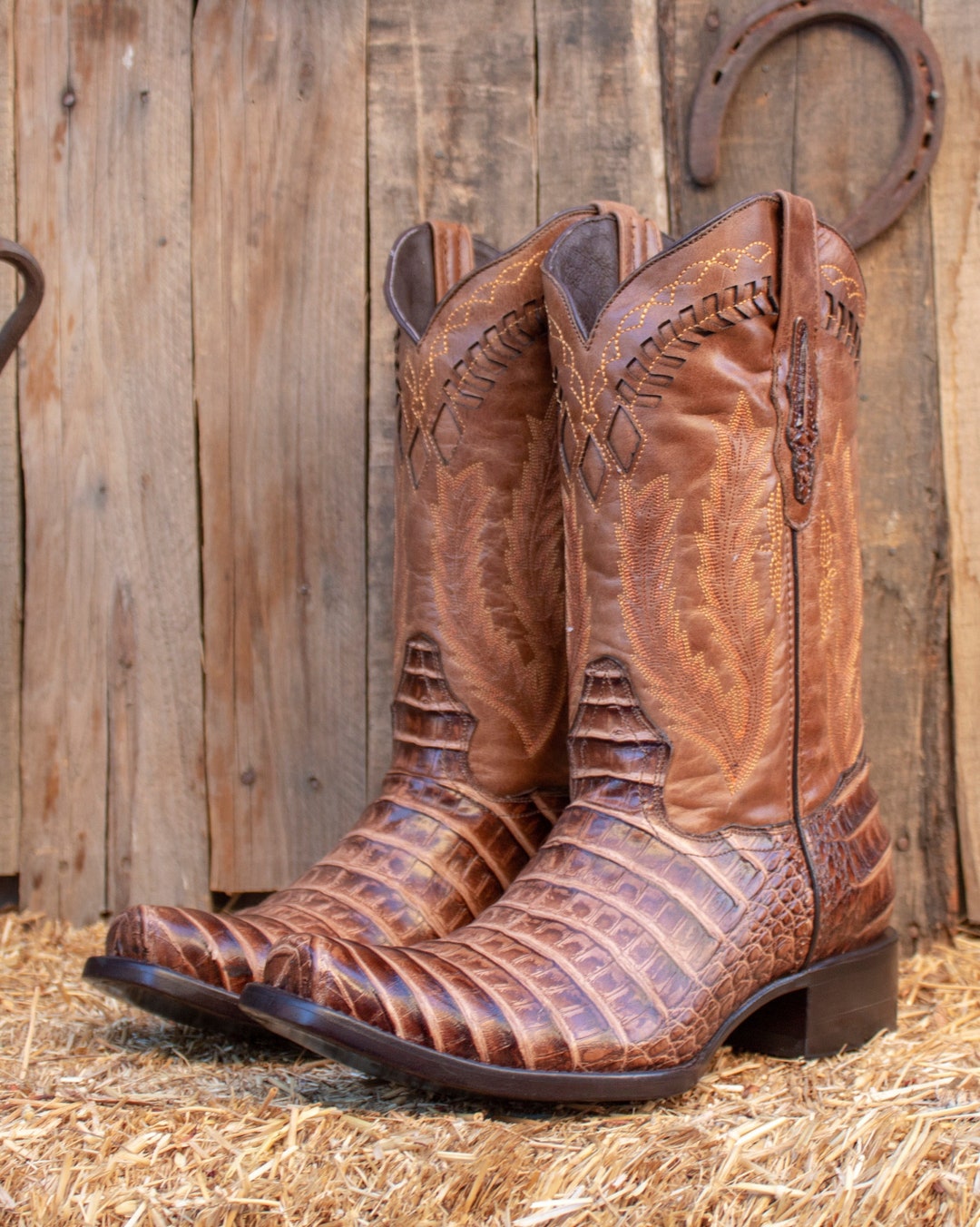 MENS Faux Crocodile Alligator Belly Print LEATHER COWBOY Wide Square ...