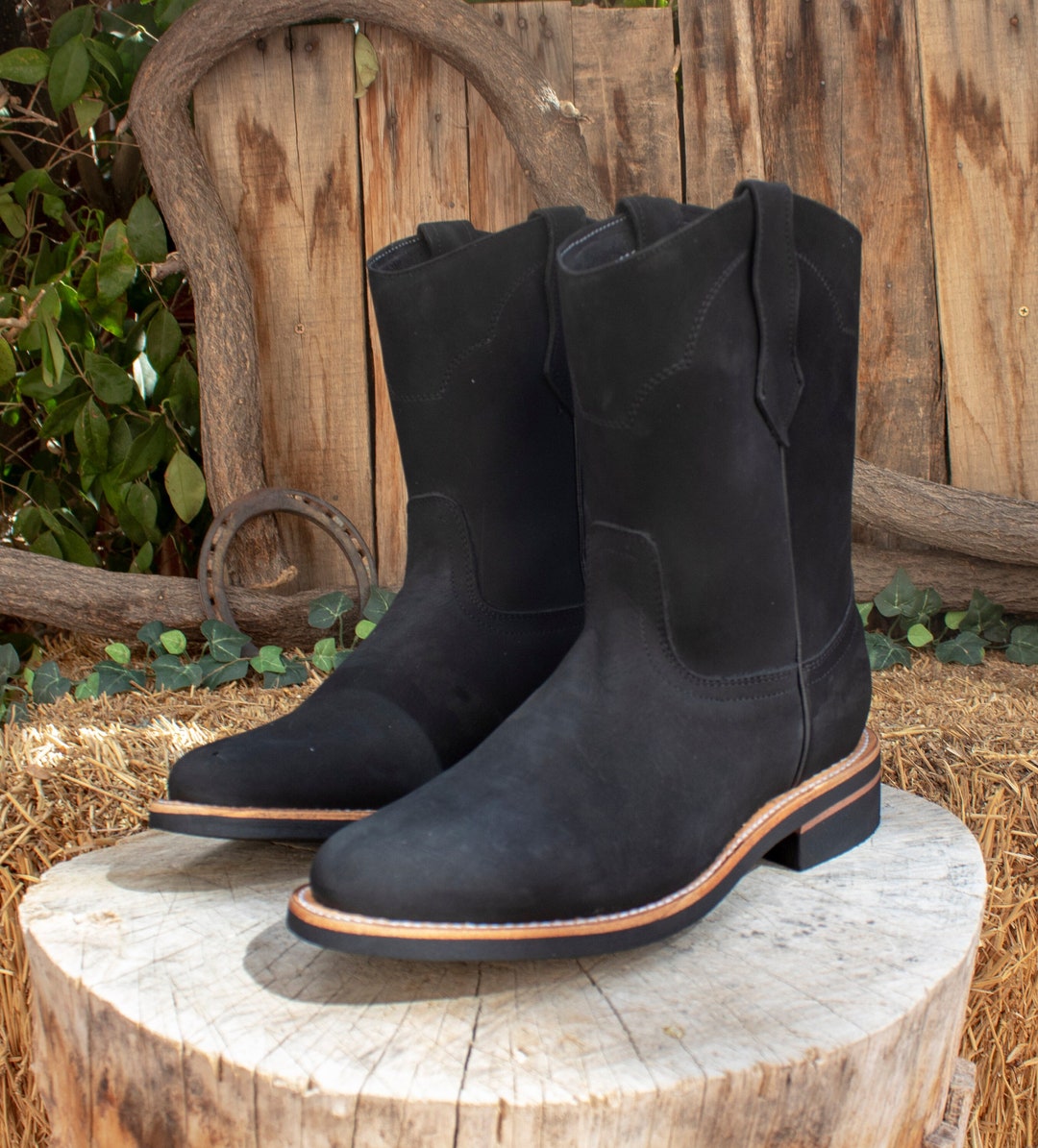 Mens Nubuck ROPER LEATHER Roper Pull on Black WORK Boots - Etsy