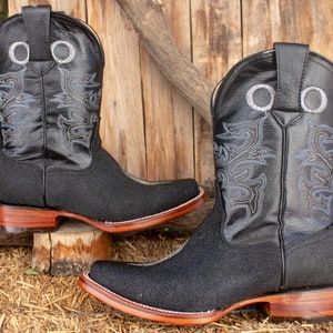 MENS Black Faux MANTARAY Leather Square Toe Cowboy Western Rodeo Boots ...