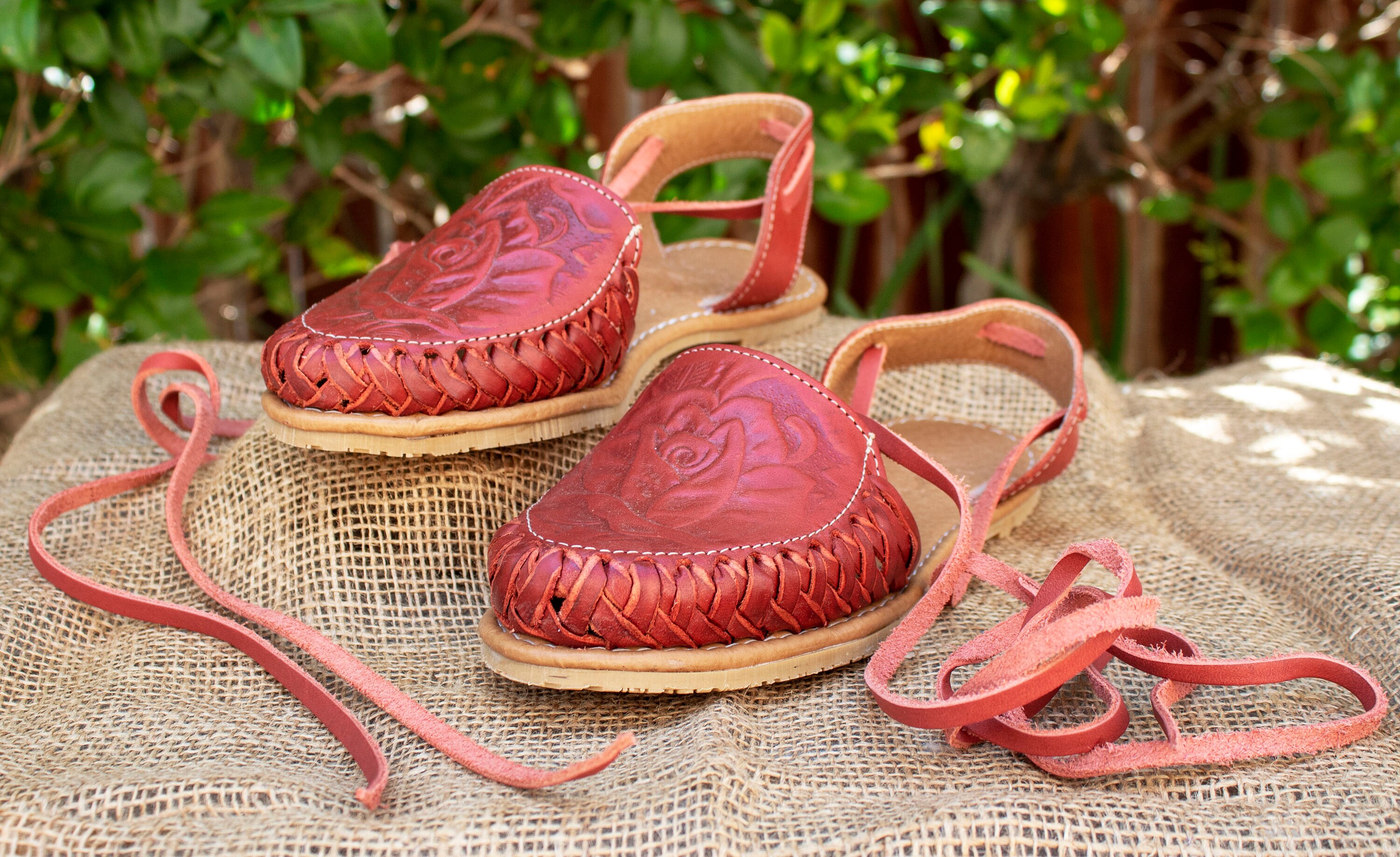 Womens LEATHER rose stamped brick red lace up MEXICAN SANDALS | Etsy