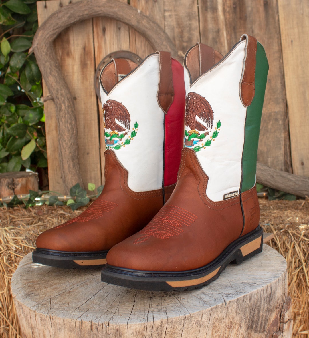 MENS Authentic LEATHER Mexico Flag Eagle Embroidered Western Cowboy ...