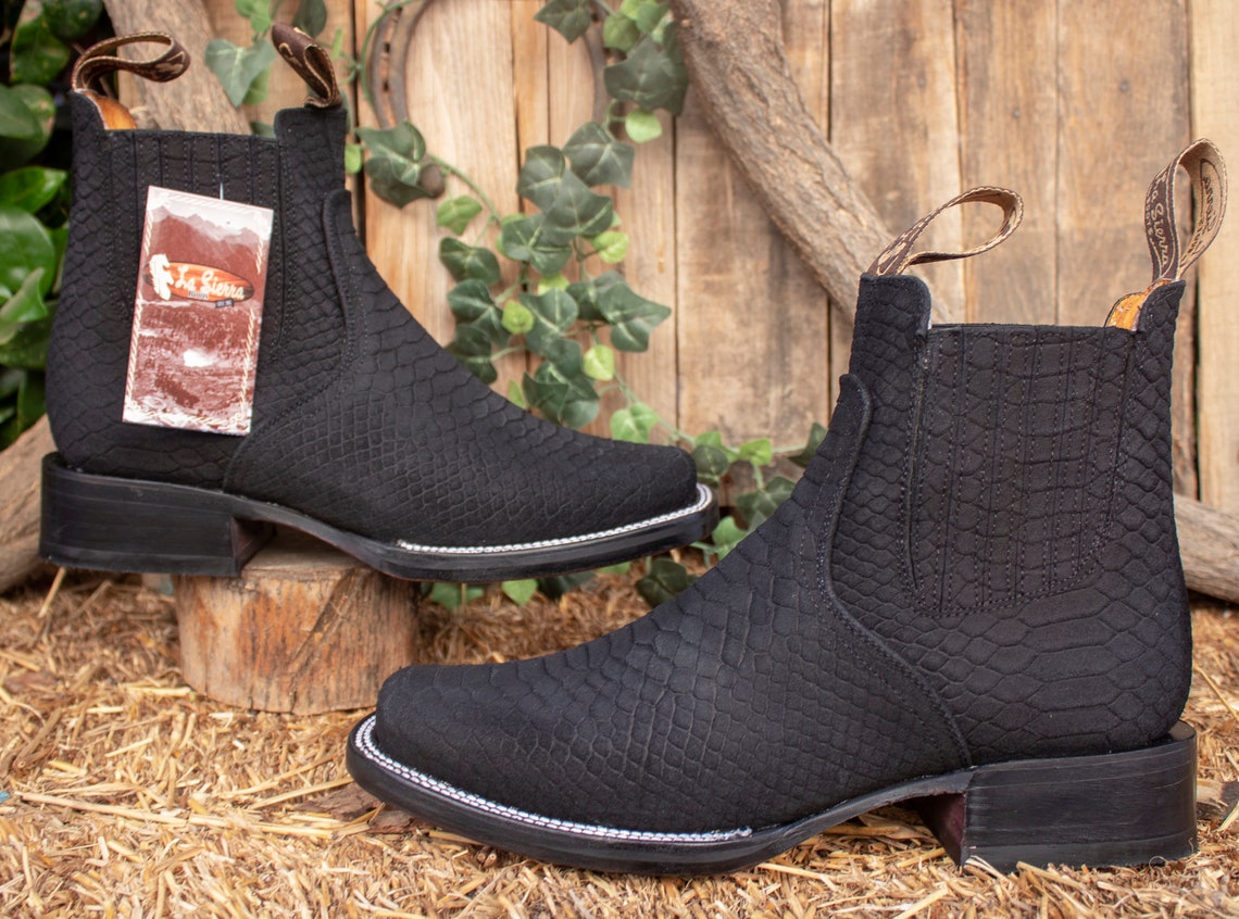 MENS LEATHER COWBOY Nubuck Suede Snake Skin Faux Square Toe Half Boots ...