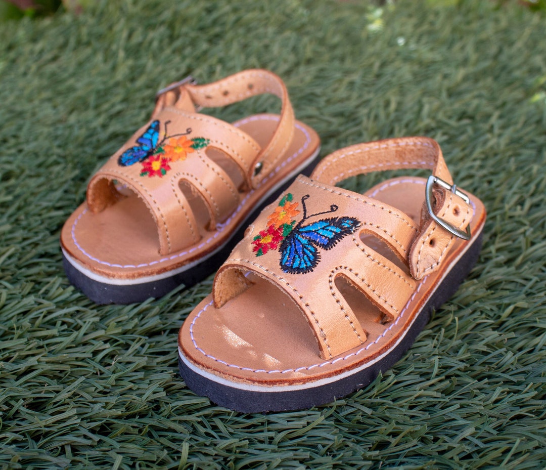 GIRLS WALKER TODDLER Butterfly Flower Embroidered Leather Huarache ...