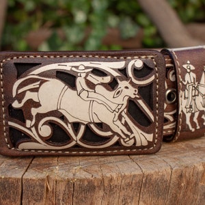 MENS WESTERN LEATHER Charro Stamped 2 Inch Width Suerte Charra Belt ...
