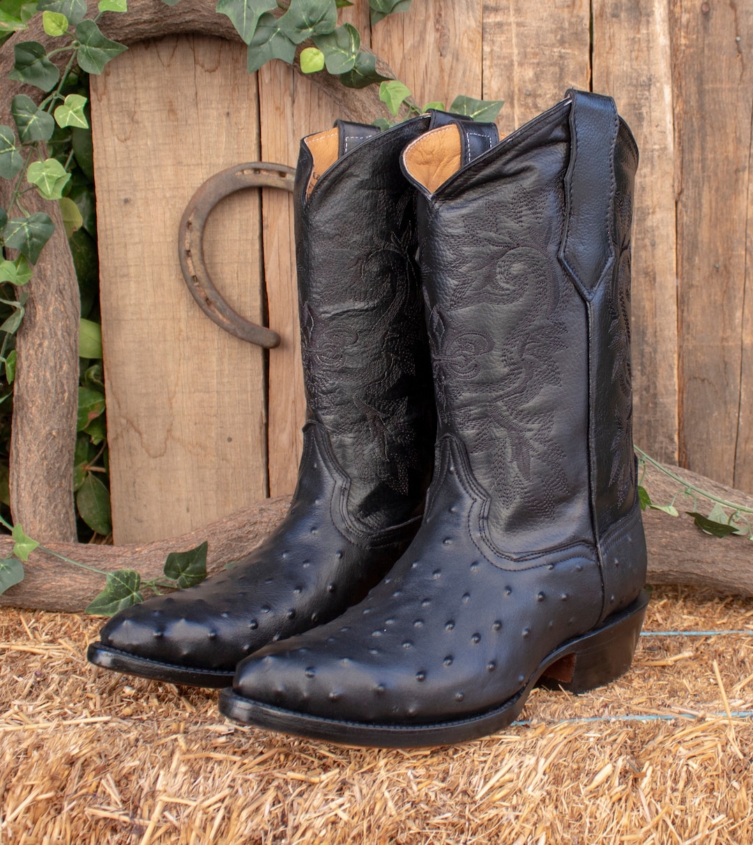 MENS Black Faux OSTRICH Print LEATHER Cowboy Pointed Toe Boots - Etsy