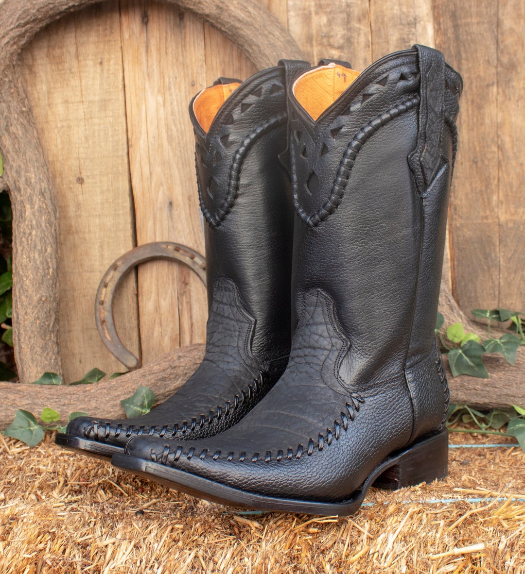 MENS Black BULL NECK Leather Snip Toe Cowboy Western Rodeo Boots Cuello ...