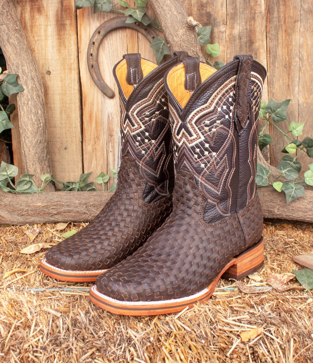 Mens LEATHER COWBOY Brown Handtooled Square Toe Boots Botines Botas ...