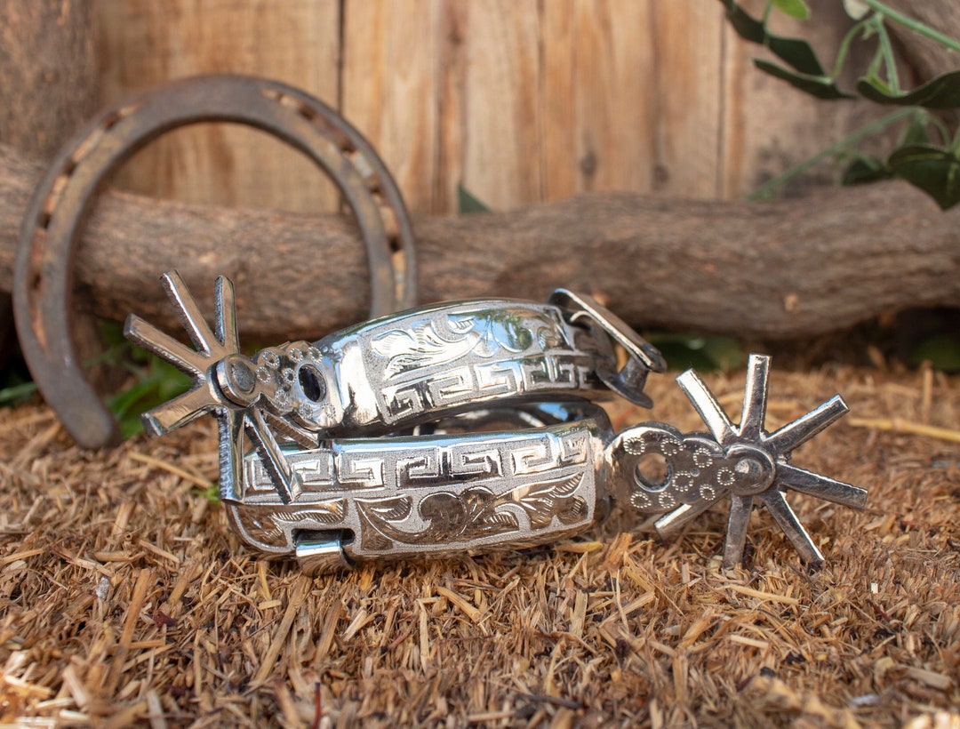 COWBOY Cowgirl Engraved Horseback Riding STEEL SPURS Mexican Espuelas ...