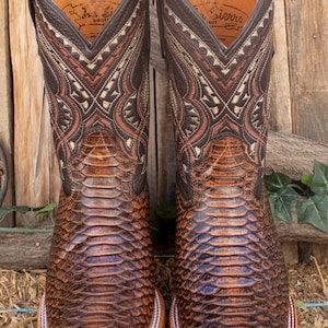 MENS Honey Brown PYTHON Snake Faux Leather Square Toe Cowboy Western ...