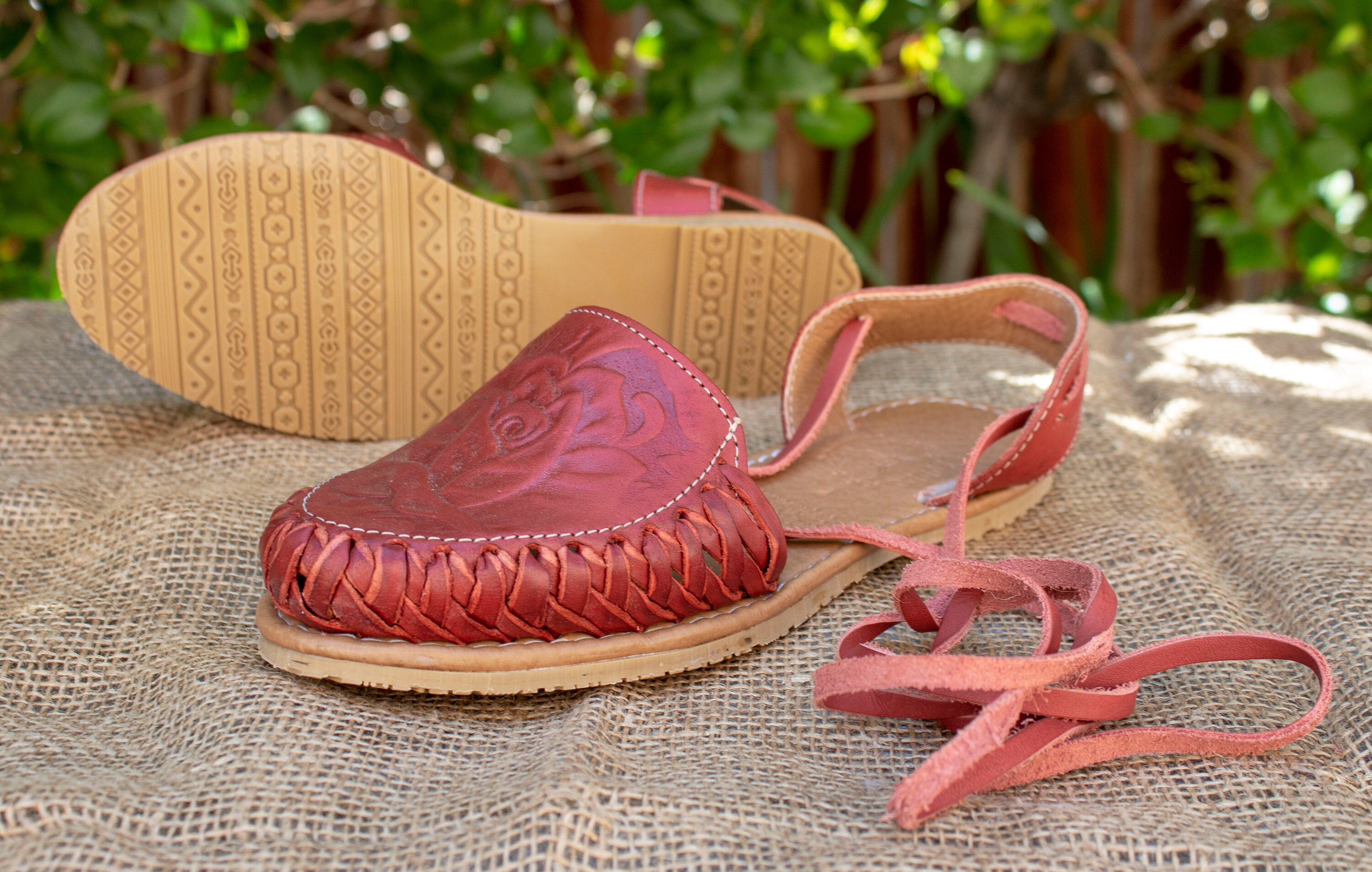 Womens LEATHER rose stamped brick red lace up MEXICAN SANDALS | Etsy