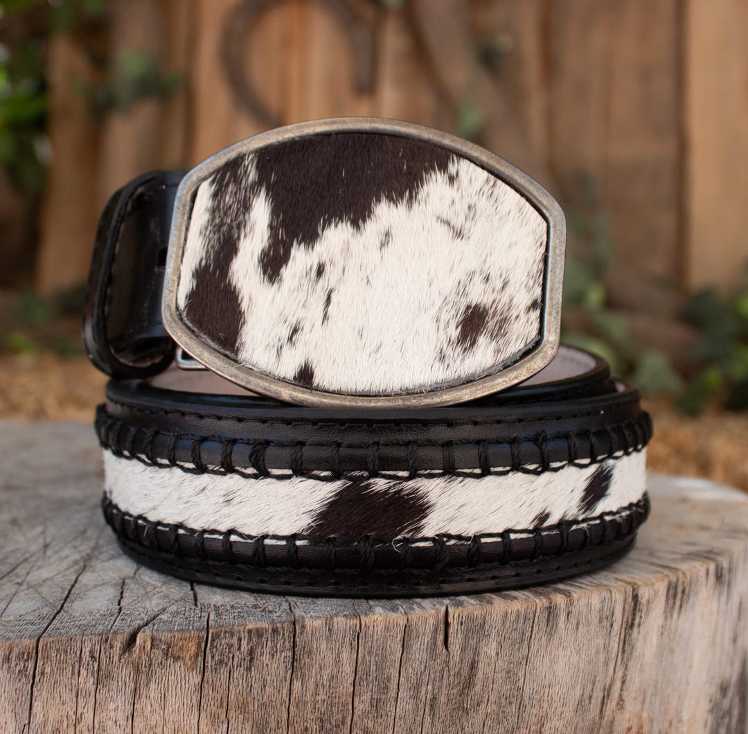 Mens Black Handtooled LEATHER Real COWHAIR Cowboy Belt With Matching ...
