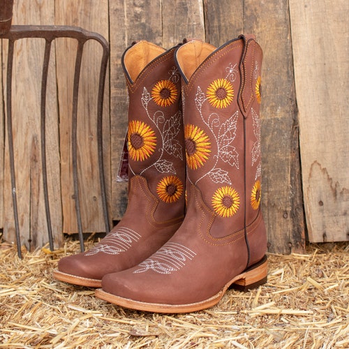 WOMENS COWGIRL Cowboy Square Toe Leather Sunflower Embroidered - Etsy