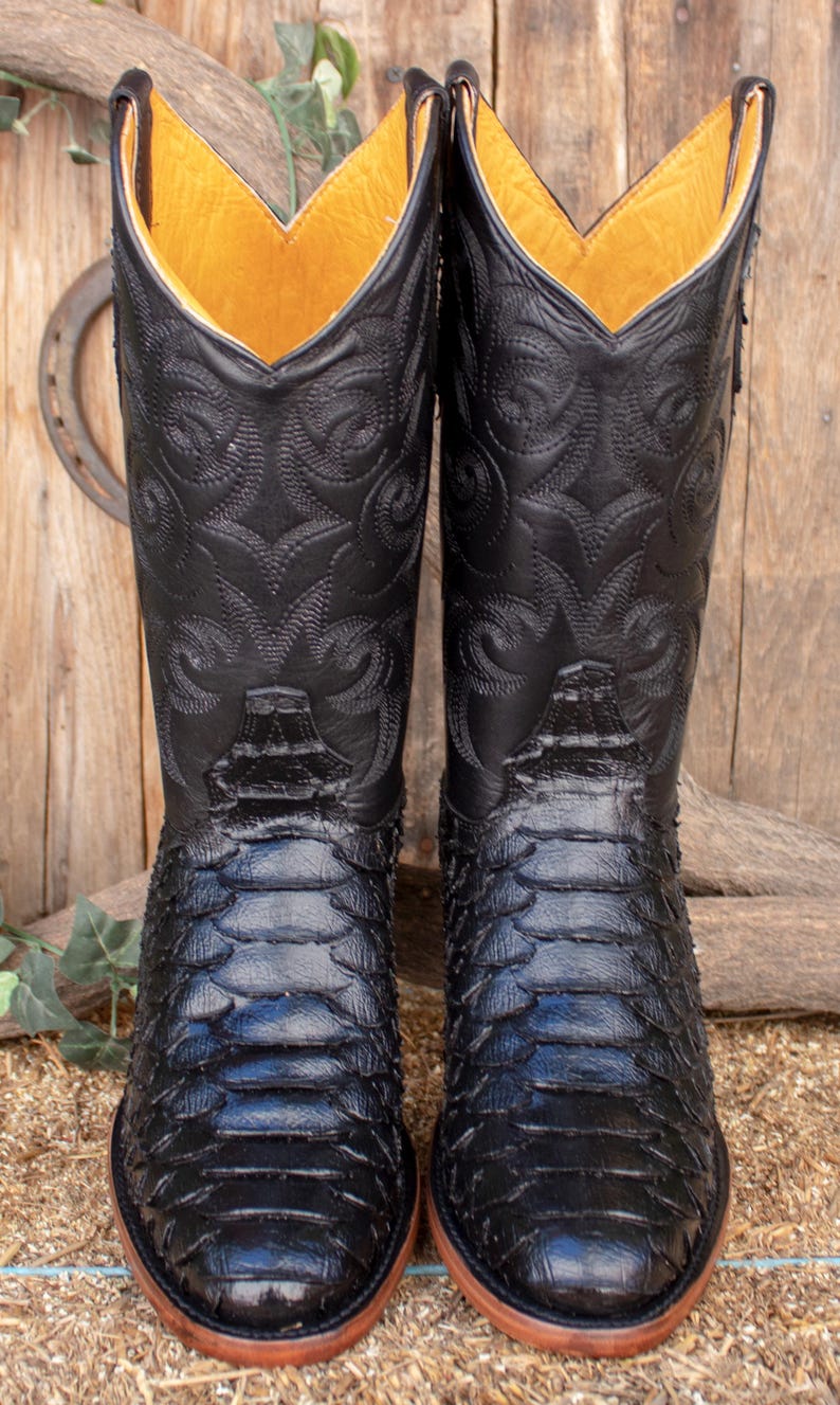 MENS Black PYTHON Snake Faux 100% Leather Round Toe Cowboy Boots PITON ...